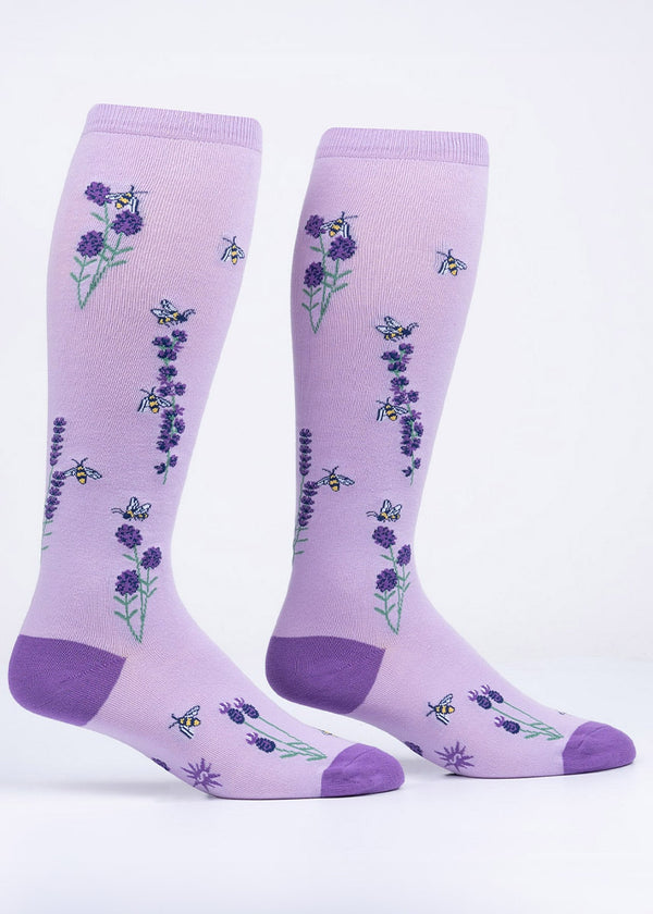 Lavender & Bees Wide-Calf Knee Socks | Floral Socks for Big Legs - Cute ...