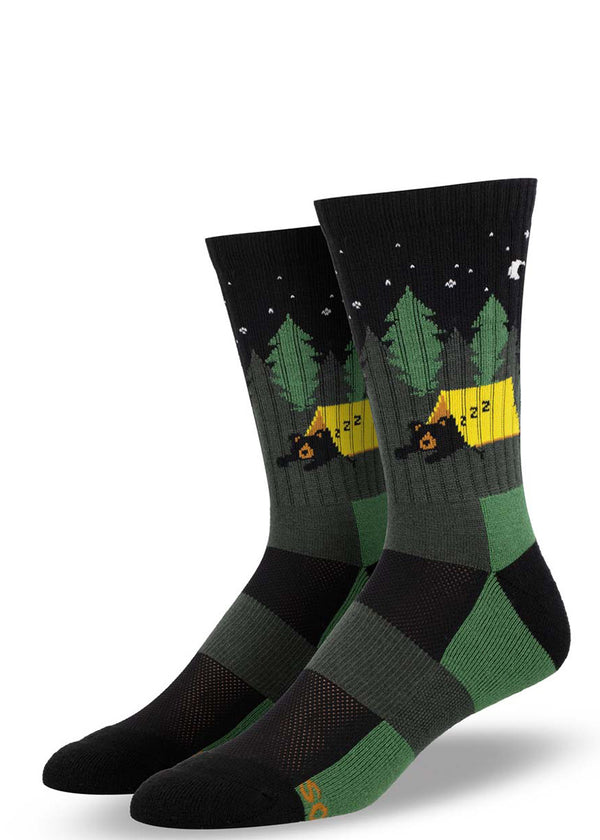 Men's Camping Bear Cushioned Wool Hiking Socks - Cute But Crazy Socks