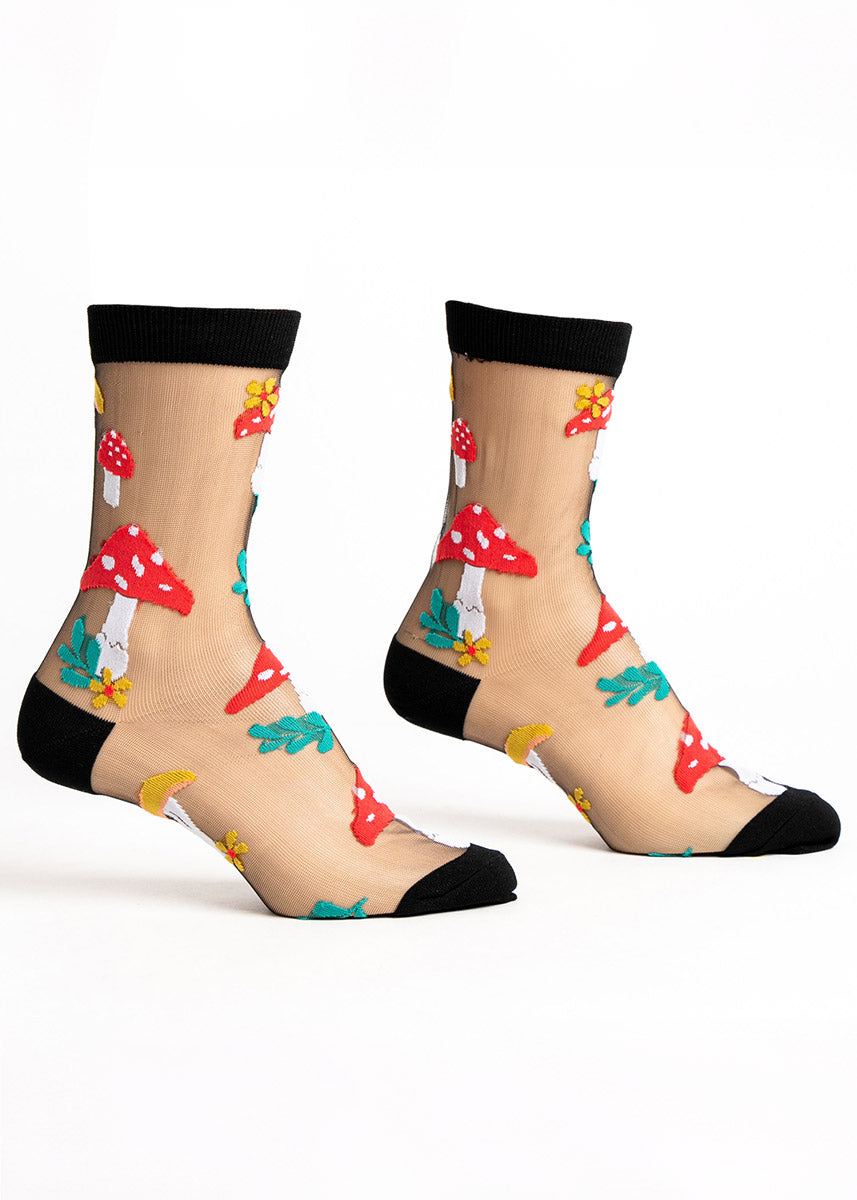 Mushroom Toadstools Sheer Crew Socks | Cottagecore Socks - Cute But ...